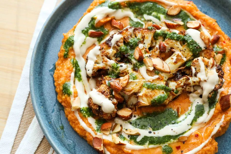 Cauliflower Steaks with Harissa Butterbean Mash | BOSH!