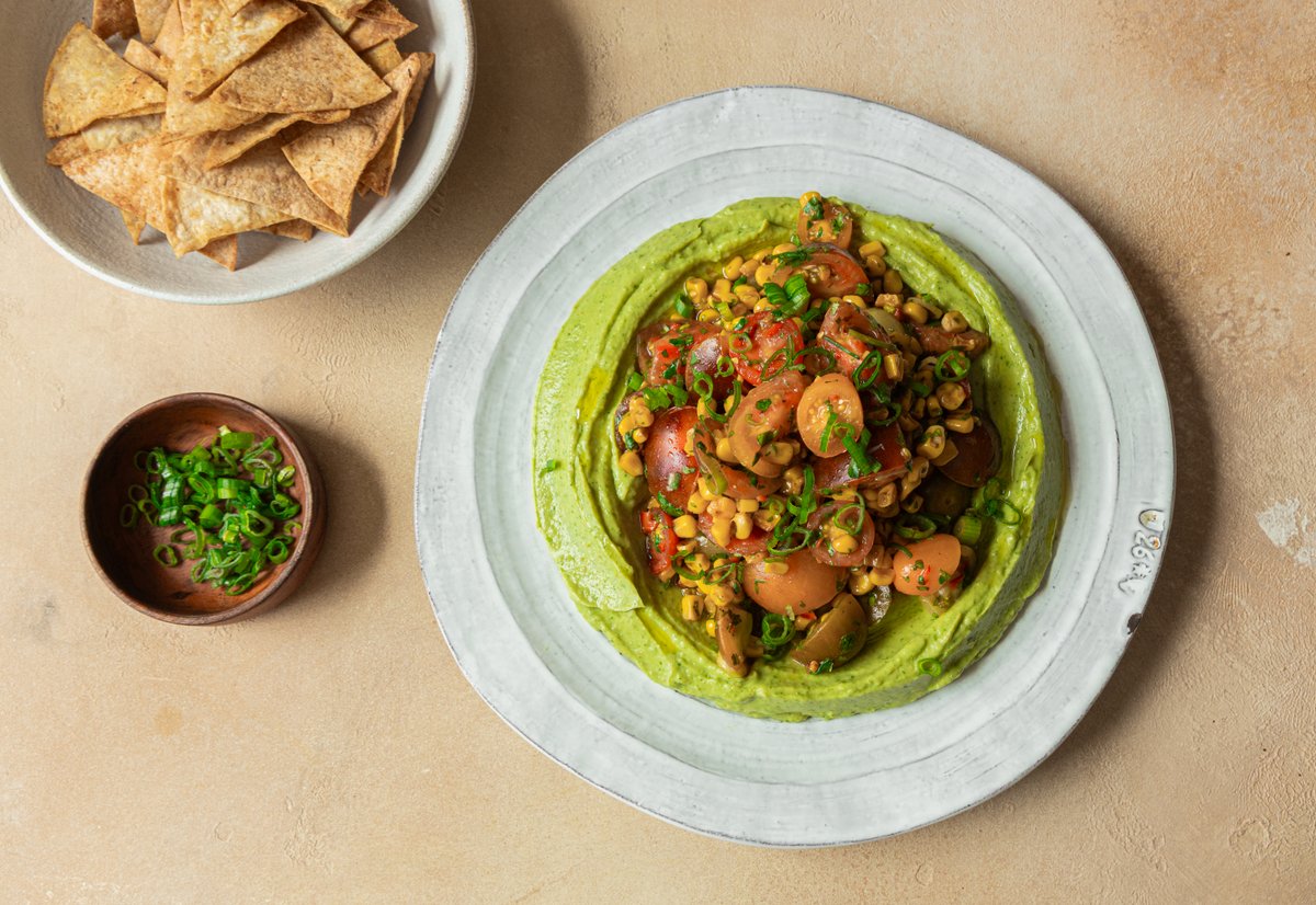 Charred Sweetcorn and Tomato Salad on Whipped Avocado with Crispy ...