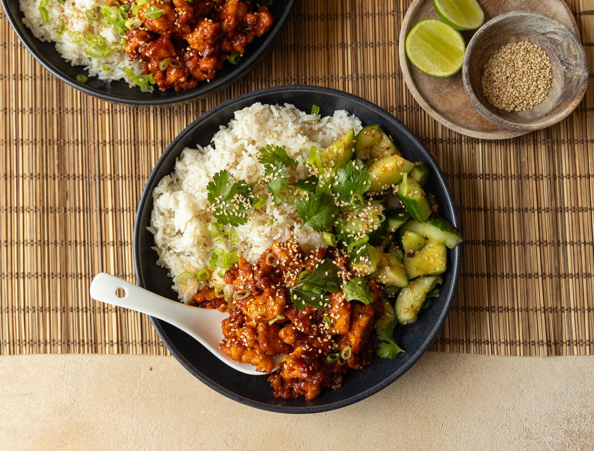 Crispy Gochujang Tofu Rice Bowl with Smashed Cucumber | BOSH!